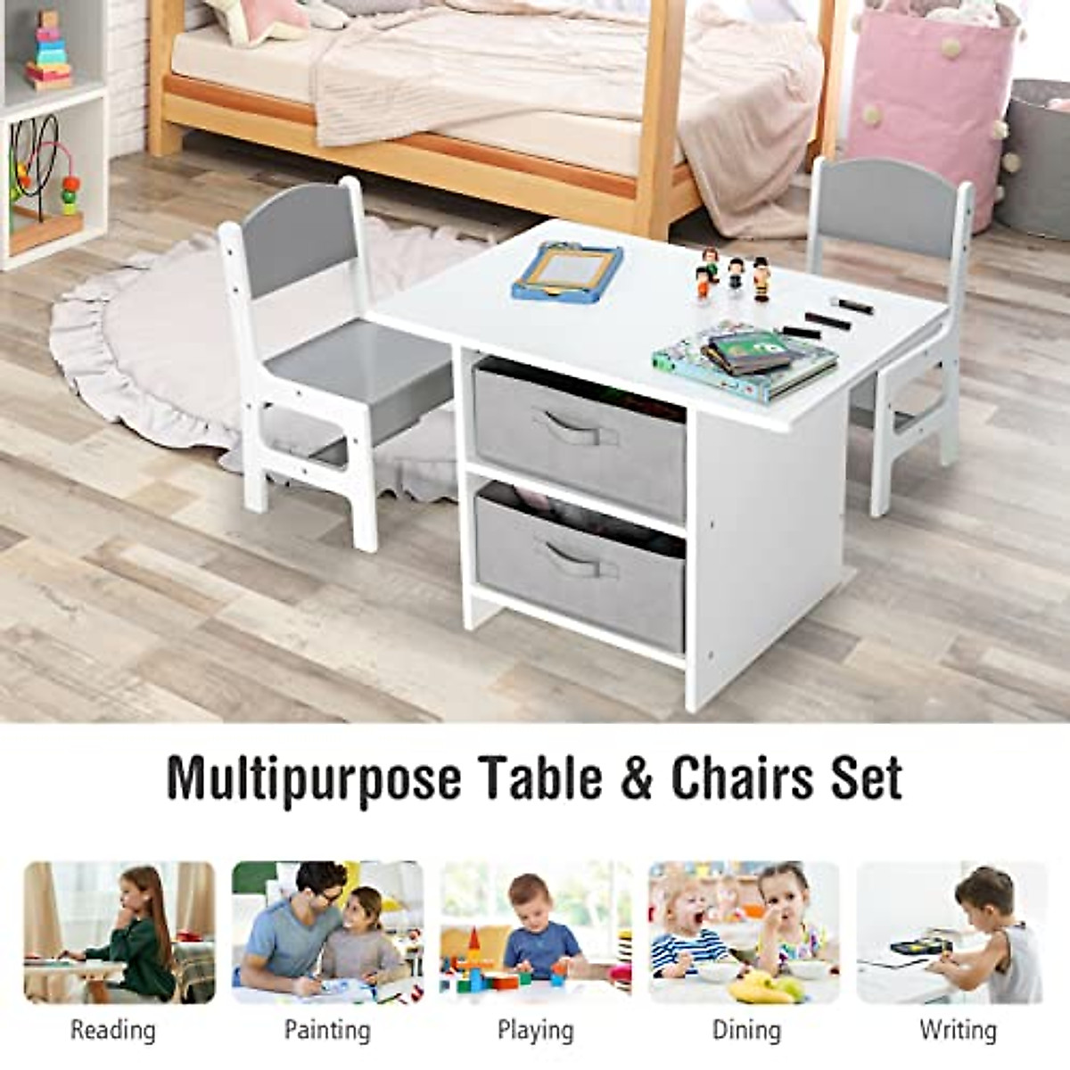 TUOCHUFUN Toddler Table and Chair Set, Wooden Kids Table and Chairs with Storage Baskets Puzzle, Activity Table Playset Furniture with Modern Gray Colors