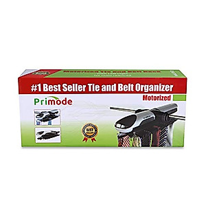 Primode Motorized Tie Rack Closet Organizer with LED Lights, Bonus Stainless Steel Tie Clip Set, Includes J Hooks for Wired Shelving Stores Up To 72 Ties with 8 Belts, Rotation Operates With Batteries