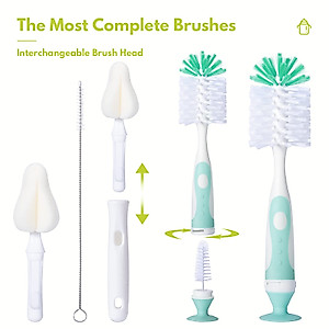 CAREBABYMORE Baby Bottle Brush Set with Nipple Cleaner and Suction, 10.2" Cleaning Brush and 6.5" Sponge Bottle Brush with A Replacement Brush Head and Two 6.7" Straw Brushes, Pack of 5 (Blue)