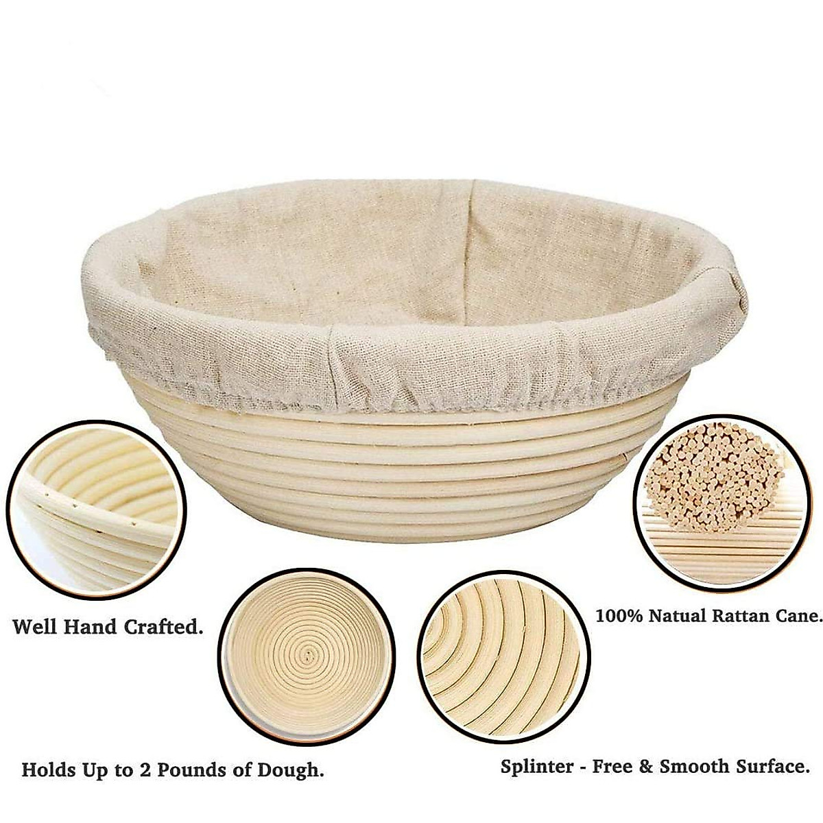 12 Inch Banneton Bread Proofing Basket Set - French Style Artisan Sourdough Bread Bakery Basket Brotform Cloth Liner Included - 100% natural rattan