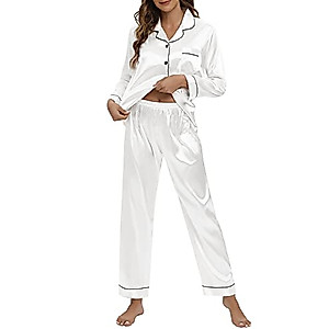 HPWUZK Pajamas for Women, Silk Satin Pajama Sets for Women Soft, Button Down Womens Loungewear Set with Pockets White