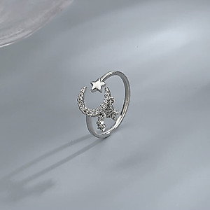 Crescent Moon Star Open Rings for Women Cubic Zirconia Dangle Tassel Adjustable Stacking Statement Knuckle Finger Ring Promise Wedding Promise Gift Anniversary Valentine's Day Fashion Jewelry Gifts Daughter