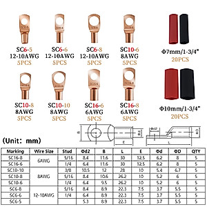 80 Pcs Copper Wire Lugs, Battery Terminal Connectors AWG 8 6 12/10 with Heat Shrink Set, 40 Pcs Heavy Duty Battery Cable Ends Ring Terminals Connectors with 40 Pcs Heat Shrink Tubing Assortment Kit