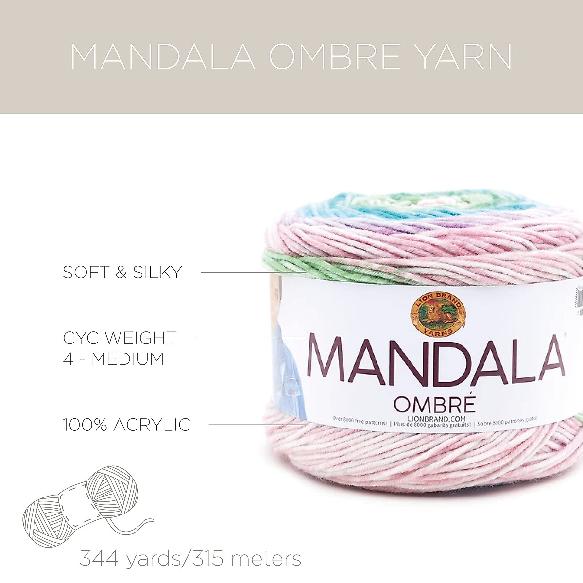 Lion Brand Yarn Mandala Ombré Yarn with Vibrant Colors, Soft Yarn for Crocheting and Knitting, Cool, 3-Pack