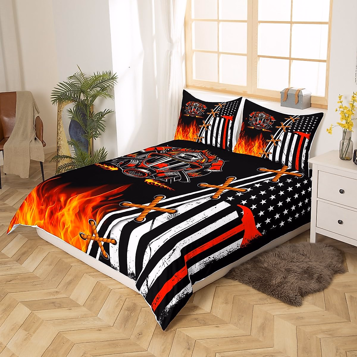 Teens Fireman Duvet Cover Set,Kids Retro American Flag Bedding Set King Size,Red and Black Comforter Cover for Boys Bedroom Decor,Flame Quilt Cover with 2 Pillow Cases(No Comforter)
