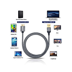 AkoaDa 3.3ft USB Micro B Cable 3.0, External Hard Drive Cord USB A to Micro B Cord Nylon Braided Cord for Samsung S5/Note 3, Camera, Toshiba, Seagate Hard Drive, WD Hard Drive(Grey)