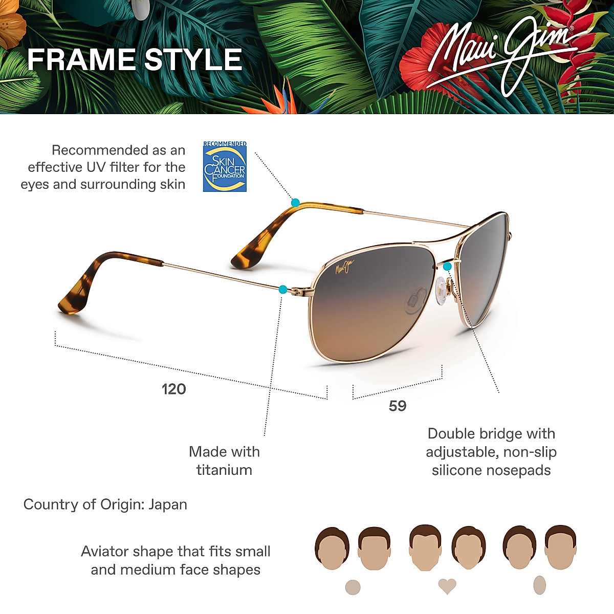 Maui Jim Men's and Women's Cliff House Polarized Aviator Reading Sunglasses, Gold/HCL® Bronze, Medium, +1.5