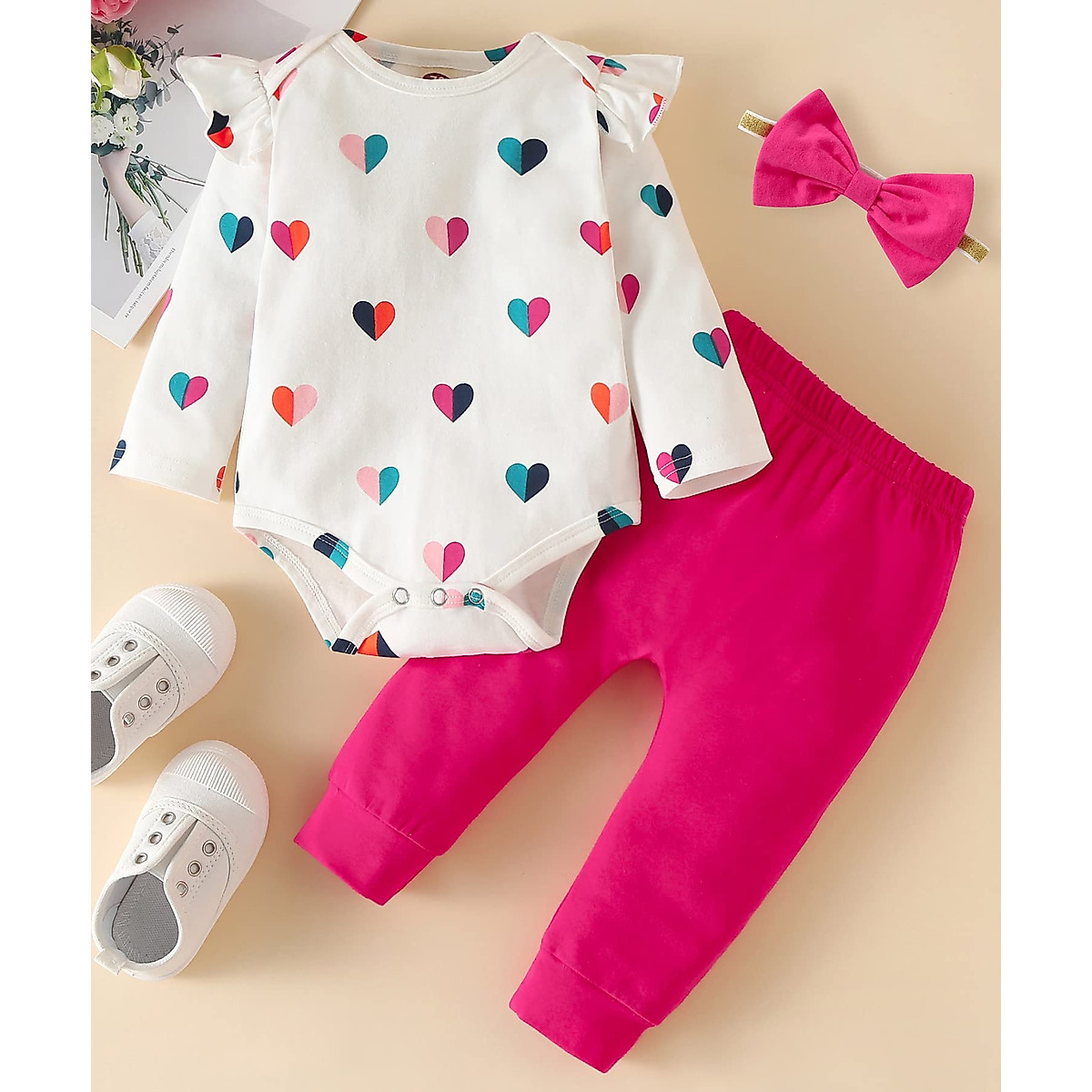Fullfamous Baby Girl Clothes Gifts Outfits,Fall Winter Long Sleeve Romper and Pant Set Raspberry Heart 6-12 months