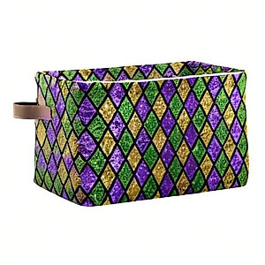 Mardi Gras Plaid Storage Basket Green Purple Golden Glitter Storage Organizer Box Bin Large Collapsible Cube Baskets with PU Handles for Shelf Closet Nursery Laundry 1 Pack