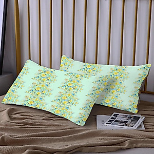 VTKON Green Queen Floral Sheets for Girls Women Adults Botanical Sheets Soft Microfiber Cute Floral Sheets Set for Room Decor with 1 Flat Sheet+ 1 Fitted Sheet+ 2 Pillowcases