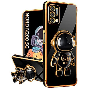 Buleens for OnePlus Nord N200 5G Case with Astronaut Stand, Girls Women Nord N200 5G Cases, Cute Girly 6D Outer Space Heart Pattern Phone Cover for OnePlus Nord N200 5G 6.49 Inch Black