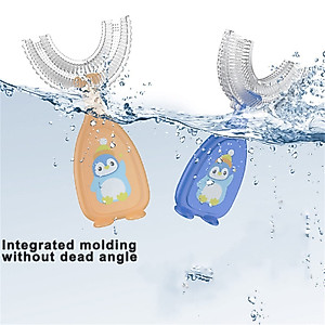 2Pcs Kids U- Shaped Toothbrush Food Grade Soft Silicone Brush Head Manual U-Type Toothbrush 360° Teeth Cleaning Brush Oral Training Toothbrush for Kids Ages 2-6 (Blue, Penguin)