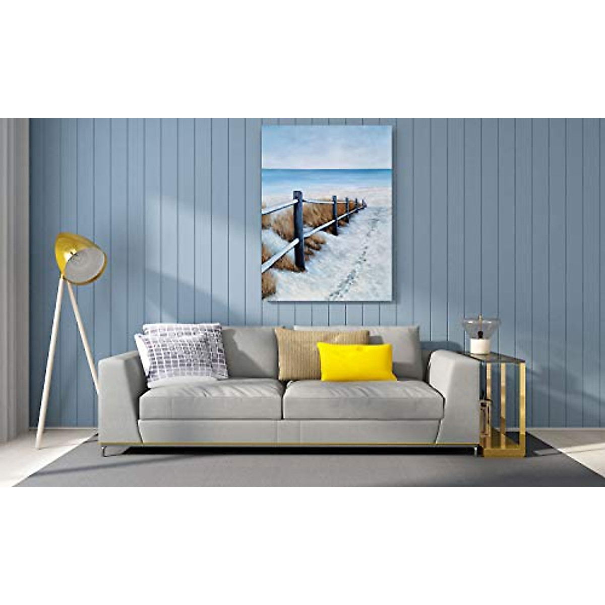 YHSKY ARTS Beach Canvas Wall Art Hand Painted Blue and White Painting with Fence Modern Abstract Coastal Pictures Contemporary Vertical Nautical Artwork for Living Room Bedroom Bathroom Decor