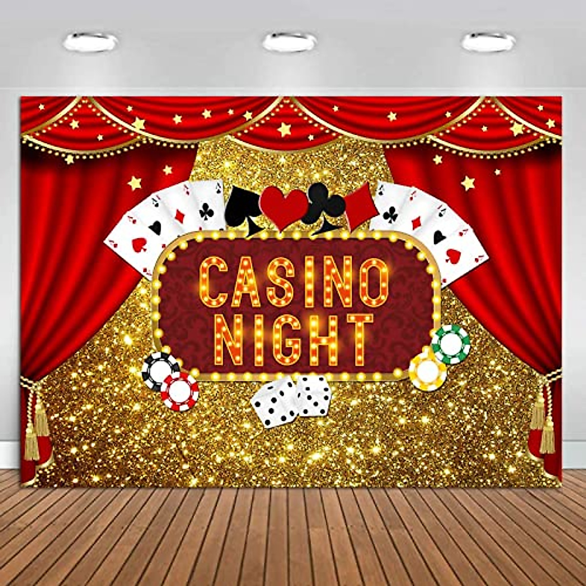 Vinyl 8X6FT Casino Night Poker Dice Red Curtains Photography Backdrop Gold Glitter Bokeh Photo Background Birthday Party Banner Decorations Banner Photo Booths Studio Props Dessert Table