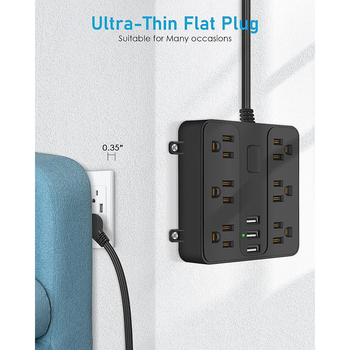 Flat Plug Power Strip, HEZI 6ft Flat Extension Cord, Surge Protector with 3 USB Ports & 6 Outlets Extender Slim Wall Mount Charging Station for Home Office Desk Black, with Plug