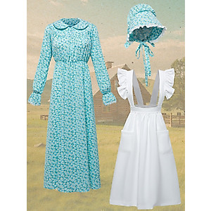 FORTMAC Pioneer Dress Women-Prairie Dress Women 1800s Amish Colonial Dress Women Bonnet Apron Blue S
