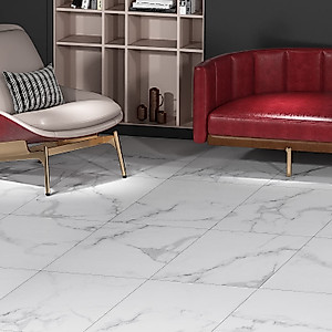 Livelynine Carrara Marble Peel and Stick Floor Tile Bathroom Waterproof Floor Tiles White Marble Vinyl Flooring Sheet Sticky Laminate Flooring Kitchen Renter Friendly Linoleum Stickers 12x12 4-Pack