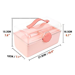OSteed Craft Storage Organizer, Plastic Sewing Box Portable with Handle, Knob & Grid Tray for Art & Sewing Supply, Cosmetic and Medicine, Pink