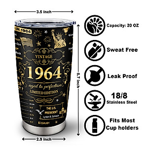 Yesruby 60th Birthday Gifts For Women Men, Gifts For Women Men Over 60, 1964 Birthday Tumbler 20oz, Gifts For Women Men In Their 60s, 60 Year Old Birthday Gifts For Women, 60th Birthday Decorations