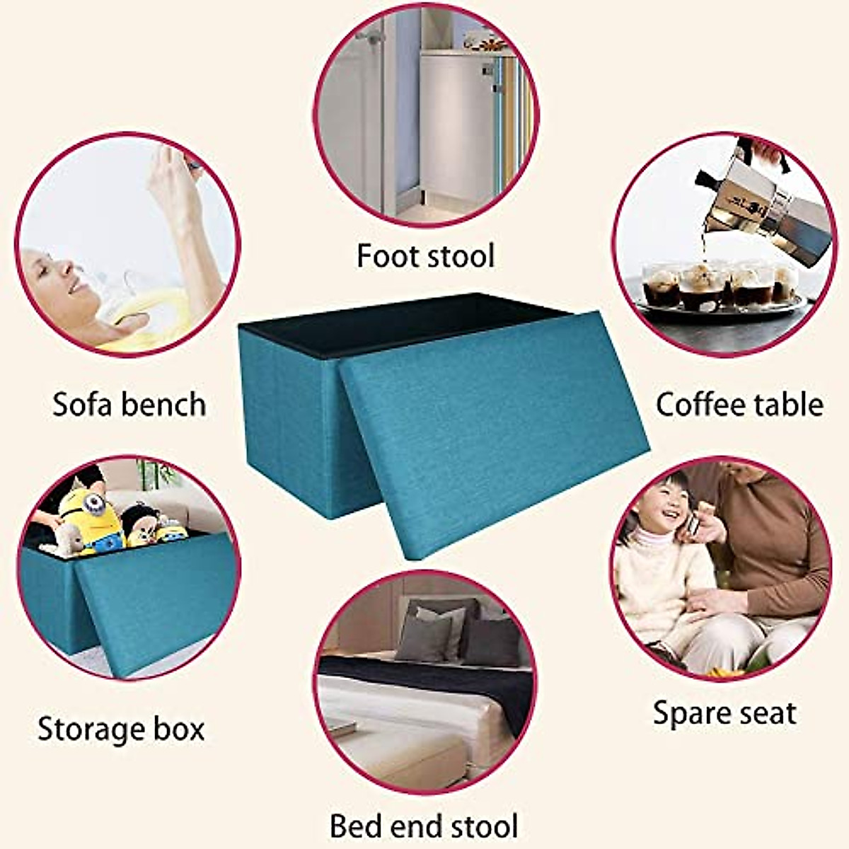 Cosaving 30 inches Folding Storage Ottoman Storage Cube Seat Foot Rest Stool with Memory Foam for Space Saving, Square Ottoman 30x15x15 inches, Teal