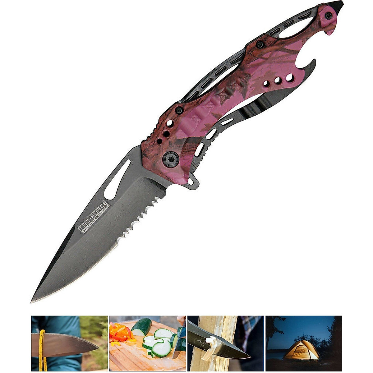 Linerlock A/O Pink Camo Aluminum Handle Serrated Stainless Steel Open Folding Pocket Knife 705pc Outdoor Survival Hunting Knife for Camping by Survival Steel