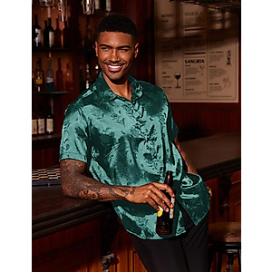 COOFANDY Men's Jacquard Satin Button Down Shirts Short Sleeve Silk Shirts Casual Summer Beach Shirt Green Large