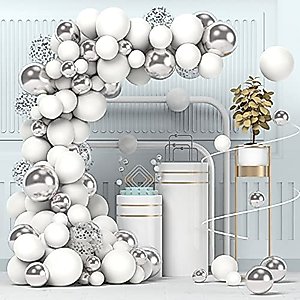 Bezente White Silver Balloon Garland Kit,100Pcs White Silver Metallic Chrome and Silver Confetti Balloons with Balloon Tape for Wedding, Prom,Special Events Party Decoration.
