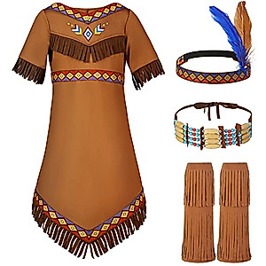 Boyiee 4 Pcs Mardi Gras Girl Native American Costume Set Indian Native Princess Costume for Carnival Halloween Cosplay Party (L)