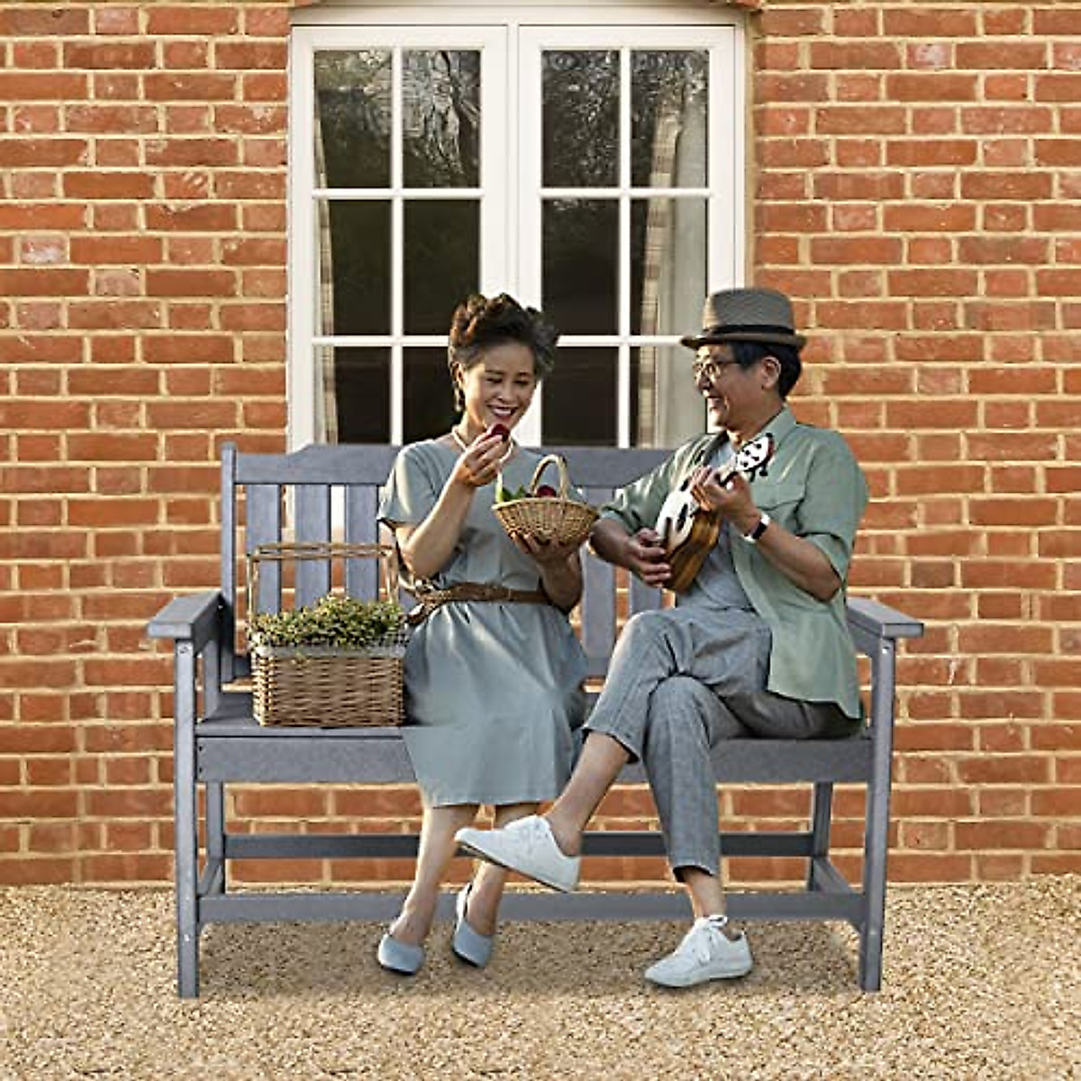 VOQNIS Outdoor Porch Bench, HDPE All-Weather Corrosion Resistant Material for Patio Deck, Garden (Grey)