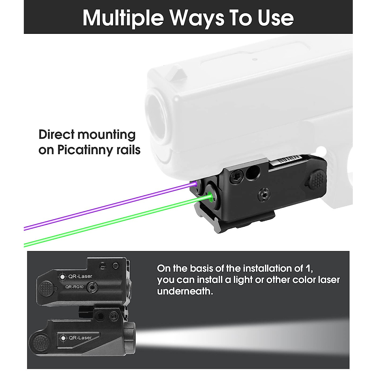 QR-Laser Dual Green Purple Laser Sights with Removable Rail Adapters, Duo-Laser Combo for Pistols with Picatinny Rail Mount, Rechargeable with USB Charging Cable