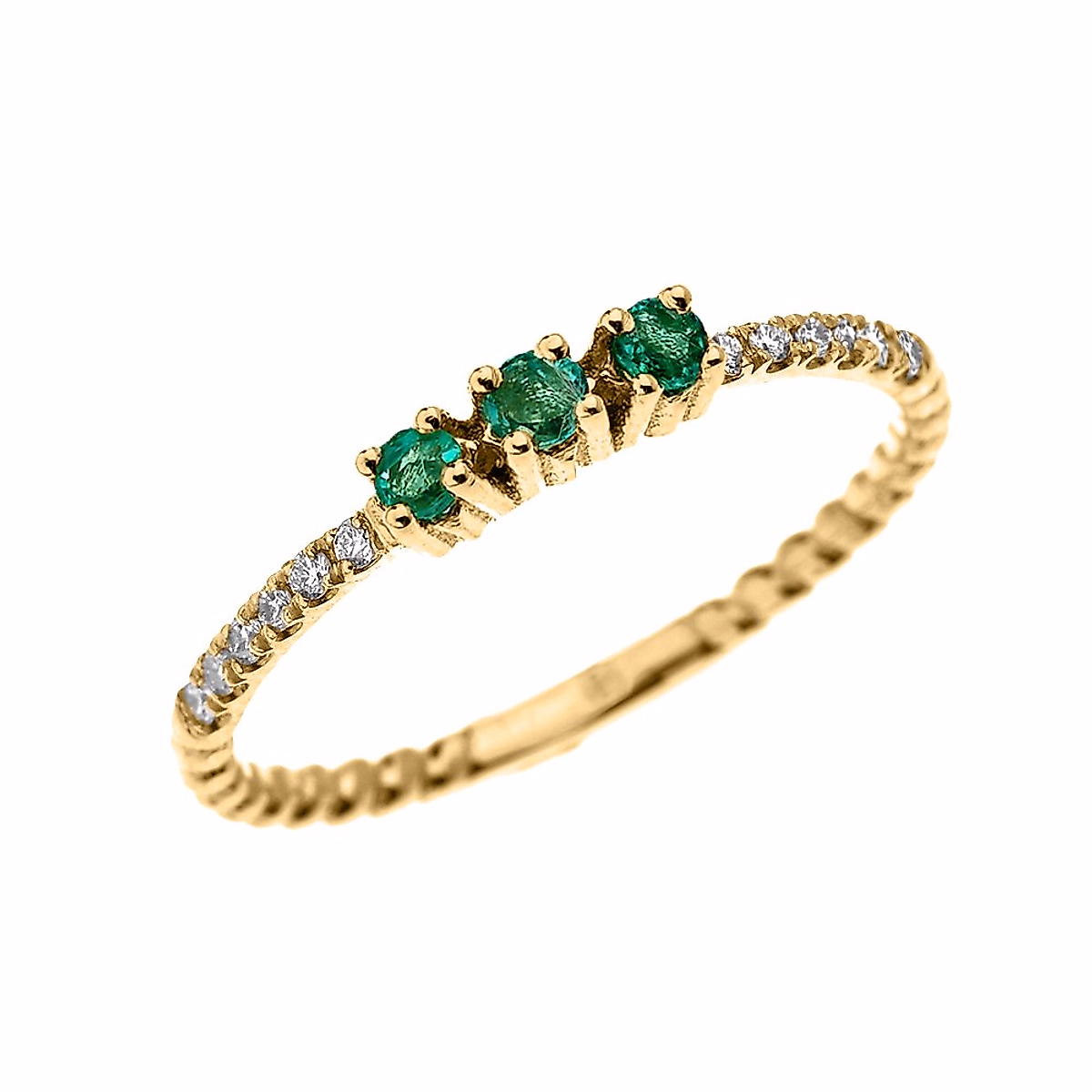 14k Yellow Gold Three Stone Round Emerald and Diamond Dainty Rope Design Ring(Size 7)