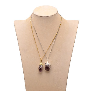 Natural Healing Crystal Purple Amethyst Rough Stone Pendant Necklace, White Gold Tone