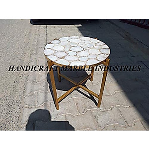 White Agate Round Table With Stand, Agate Stone Table With Stand, Round White Agate Side Table 15" Inch