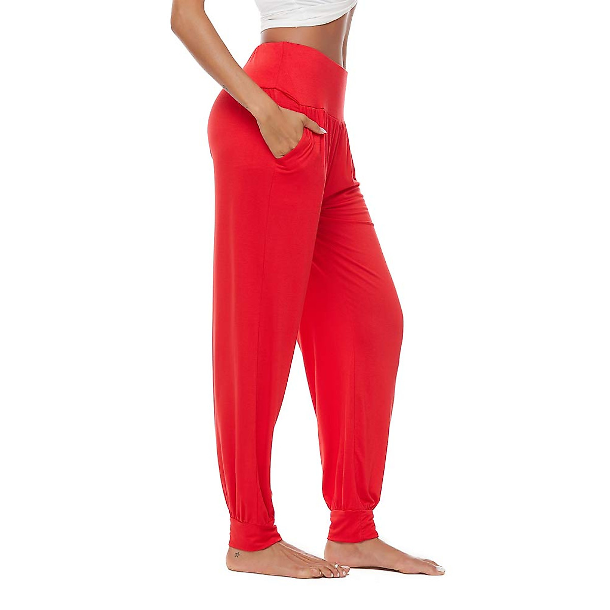 AvaCostume Women's Loose Yoga Harem Workout pants with Pockets Red S