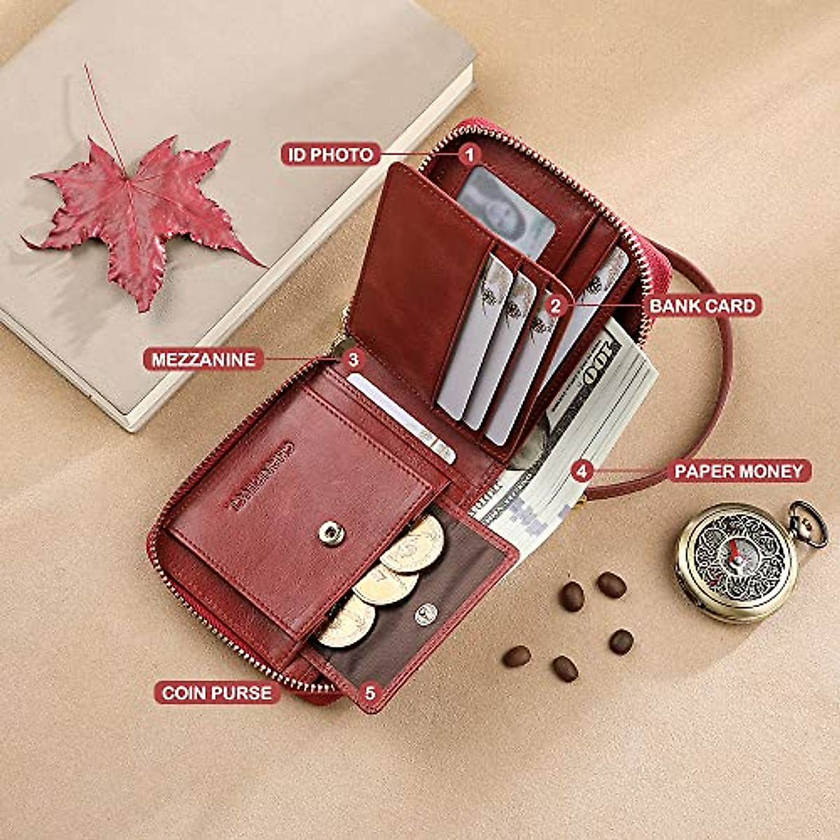 MANBANG RFID Wallets for women Genuine Leather Zipper Purses Secure Large Capacity Multi-card Wallets Clutch Travel Wristlet (Red)