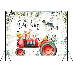 Aperturee Holy Cow Baby Shower Backdrop 7x5ft Greenery Farm Animals Tractor Oh Boy Eucalyptus Leaves Photography Background It's A Boy Party Decorations Photo Shoot Booth Props Banners