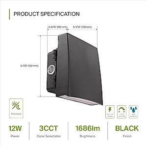 ASD LED Wall Pack Light 12W Photocell, Adjustable Cutoff Dusk to Dawn Outdoor Lighting, 3000K/4000K/5000K Selectable, 1700LM, 120-277V, Dimmable Waterproof Fixture, Black Finish, UL & DLC Certified