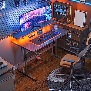 Small Gaming Desk with LED Lights, Computer Desk 31 Inch Gaming Table with Monitor Shelf, PC Desk with Cup Holder and Headphone Hook, Gamer Desk with Carbon Fiber Texture, Boys Desk Gift for Men