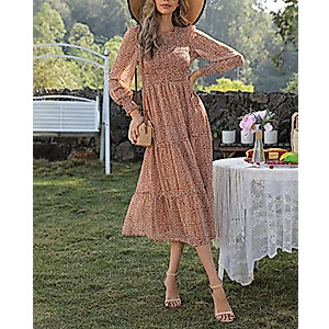kimralur Womens Casual Long Sleeve Midi Fall Dress Crew Neck Boho Floral Print Smocked Ruffle Tiered Flowy Long Dress
