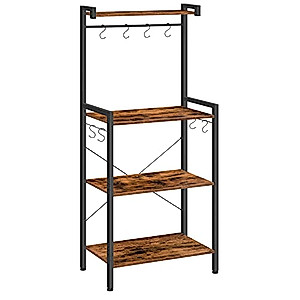 HOOBRO Bakers Rack for Kitchen, 4 Tier Microwave Stand with Storage, Multifunctional Baker's Rack with 8 Hooks, Wooden Kitchen Storage Shelf, Stable Metal Frame, Easy Assembly, Rustic Brown BF04HB01