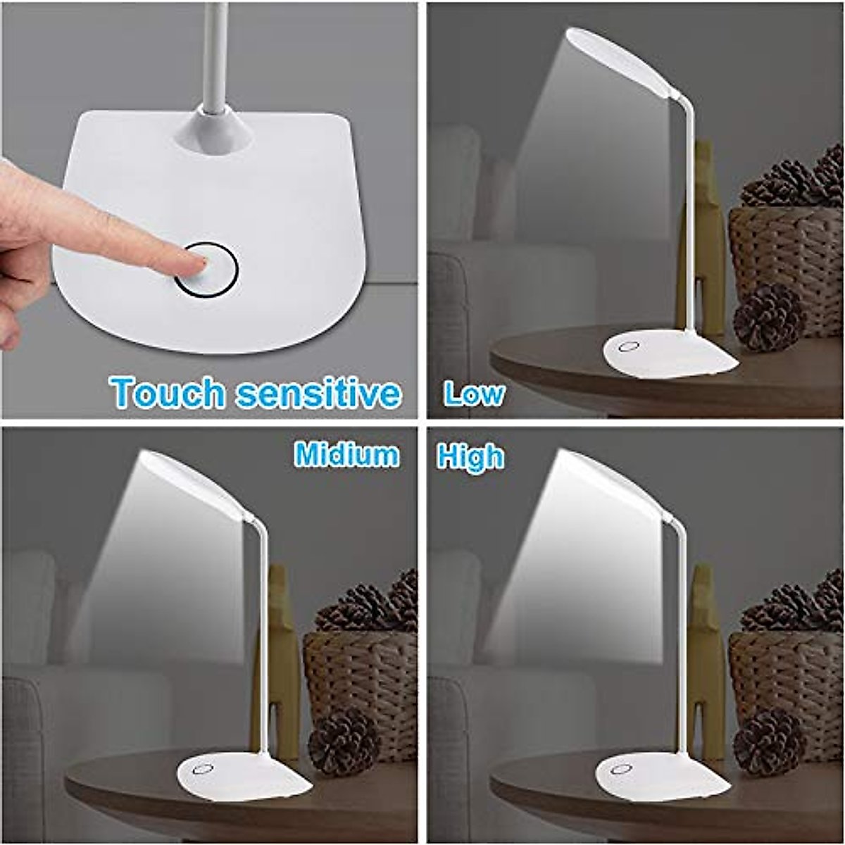 DEEPLITE LED Desk Lamp with Flexible Gooseneck 3 Level Brightness, Battery Operated Table Lamp 5W Touch Control, Compact Portable lamp for Dorm Study Office Bedroom, Eye-Caring and Energy Saving