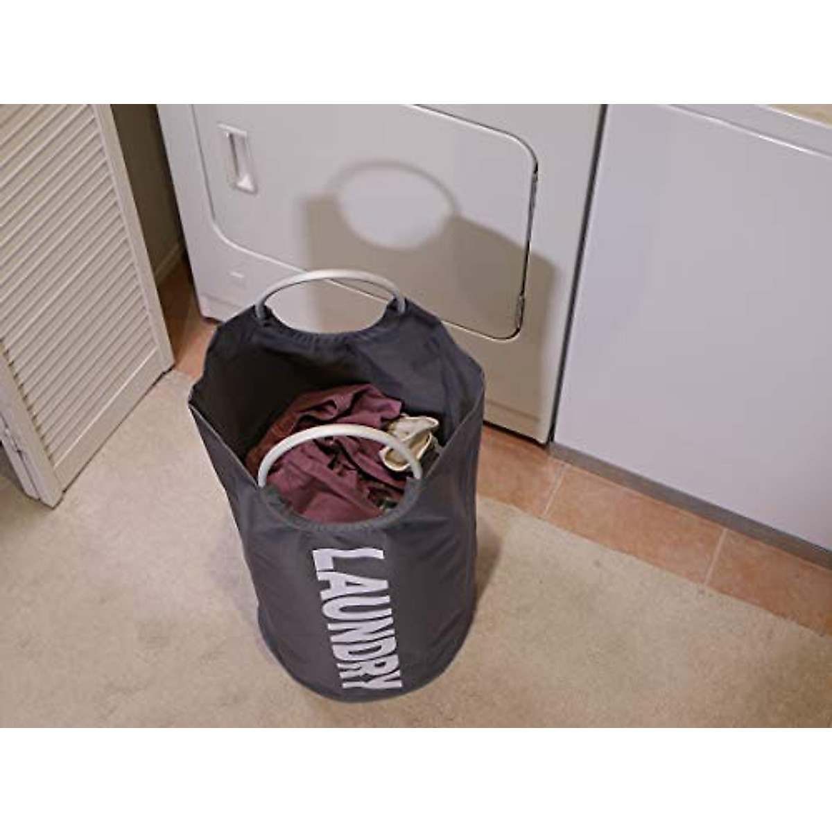 Topline Portable, Self Standing Collapsible Laundry Fabric Hamper Tote Bag with Aluminum Carrying Handles - Dark Grey