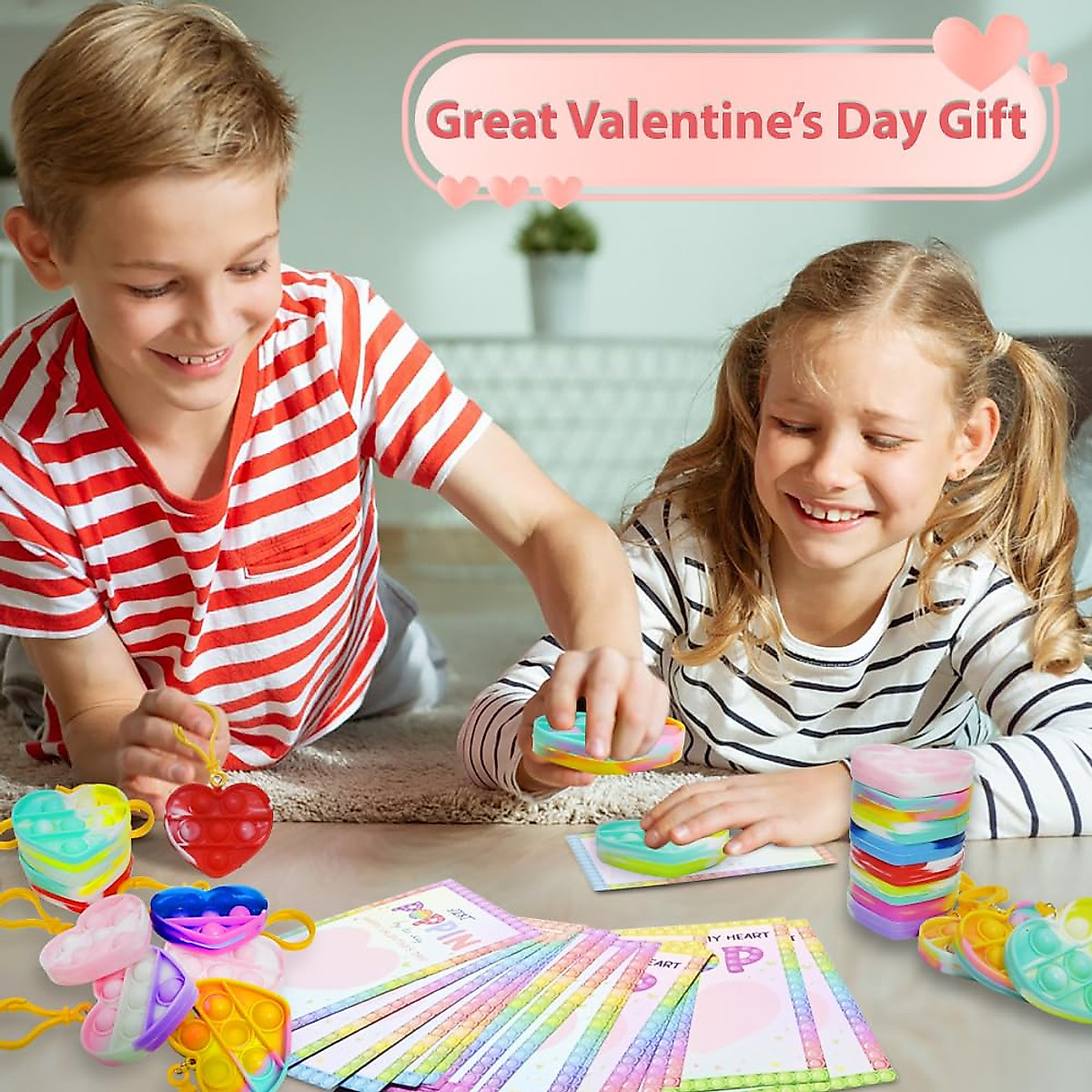 WODMAZ Valentines Day Gifts for Kids, 28 Pack Valentines Day Cards with Heart Pop Fidget Toys for Valentine Party Favors, Valentine Classroom Exchange Prize Supplies, Valentine's Greeting Cards
