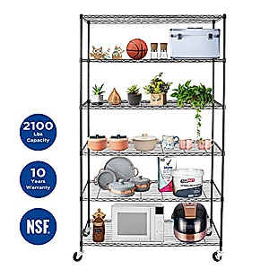 WDT NSF Certified Storage Shelves on Wheels, Heavy Duty Metal Shelves for Storage with Adjustable Stand, 6-Tier Wire Shelving Unit for Garage Pantry Kitchen Shelf Rack(17" W*47" D*80" H), Black