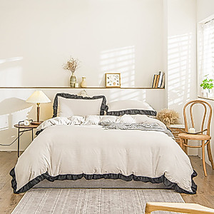 Ruffle Bedding Set Beige Duvet Cover Set 100% Washed Microfiber Breathable Soft Cream Grey Pattern Shabby Chic Ruffle Fringe Duvet Cover Set King 1 Duvet Cover 2 Pillowcases (No Comforter Included)