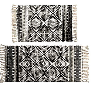 famibay Cotton Boho Rug 2x3+2x4.2Ft Black and Cream Diamond Symmetry Kilim Printed Woven Area Throw Rug with Tassels Accent Small Boho Rug for Entryway Laundry Bedroom Dorm