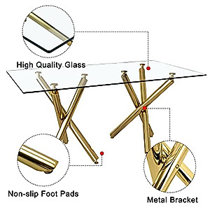 71" Glass Dining Table for 6-8, Large Modern Rectangular Dinner Table with 0.39" Tempered Glass Tabletop and Gold Chrome Metal Legs, Simplistic Kitchen