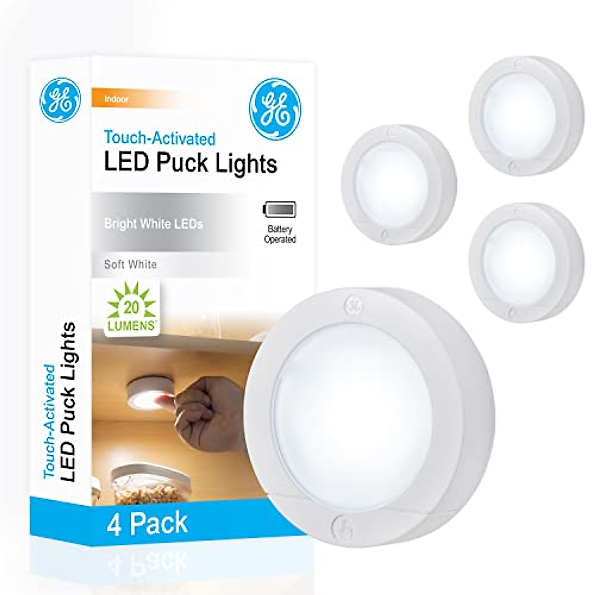 GE Wireless LED Puck Lights, Battery Operated, 20 Lumens, Touch Light, Tap Light, Stick On Lights, Under Cabinet Lighting, Ideal for Kitchen Cabinets, Closets, Garage and More, 4 Pack, 45997