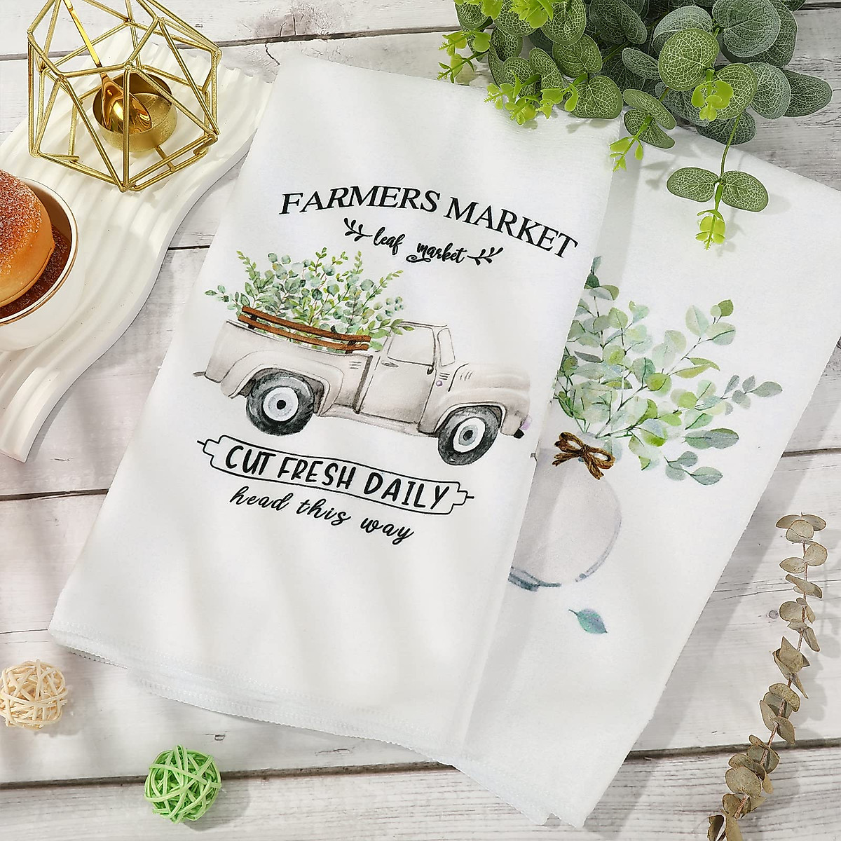 AnyDesign Farmhouse Kitchen Towel 18 x 28 Inch Watercolor Greenery Truck Dish Towel Seasonal Rustic Hand Drying Tea Towel for Spring Summer Cooking Baking Cleaning Wipes, 2Pcs