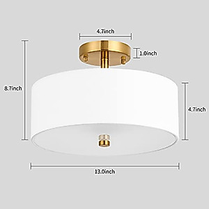 Ludil 3-Light Semi Flush Mount Ceiling Light Fixture, 13" Gold Drum Light Fixture, Modern Close to Ceiling Light with White Fabric Shade Lamps for Bedroom Living Dining Room Kitchen Hallway Entryway